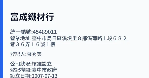 富成鐵材行的照片-統編 45489011(臺中市) 公司登記資料與營業項目詳細圖表