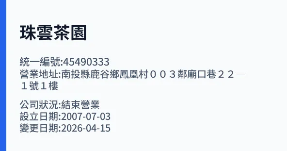 珠雲茶園的照片-統編 45490333(南投縣) 公司登記資料與營業項目詳細圖表