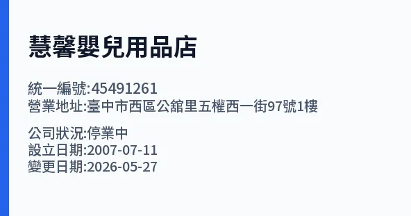 慧馨嬰兒用品店的照片-統編 45491261(臺中市) 公司登記資料與營業項目詳細圖表