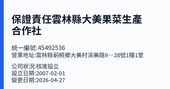 保證責任雲林縣大美果菜生產合作社的照片-統編 45492536(雲林縣) 公司登記資料與營業項目詳細圖表