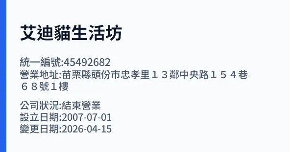 艾迪貓生活坊的照片-統編 45492682(苗栗縣) 公司登記資料與營業項目詳細圖表
