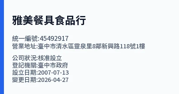 雅美餐具食品行的照片-統編 45492917(臺中市) 公司登記資料與營業項目詳細圖表