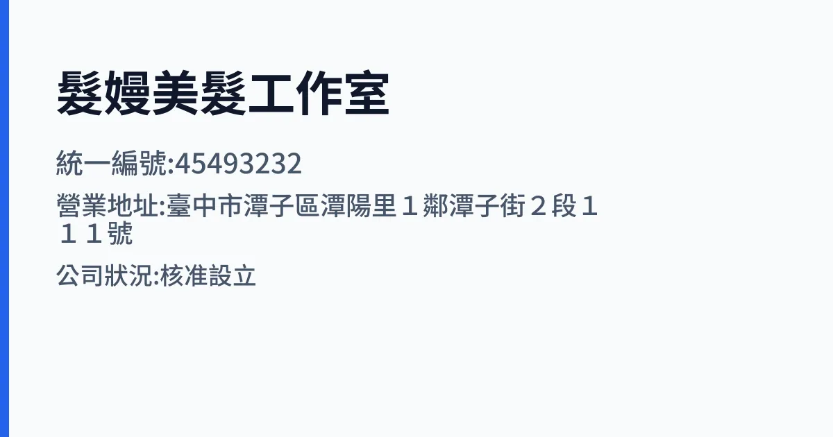 髮嫚美髮工作室 - 統編 45493232(臺中市) 公司登記資料與營業項目詳細圖表