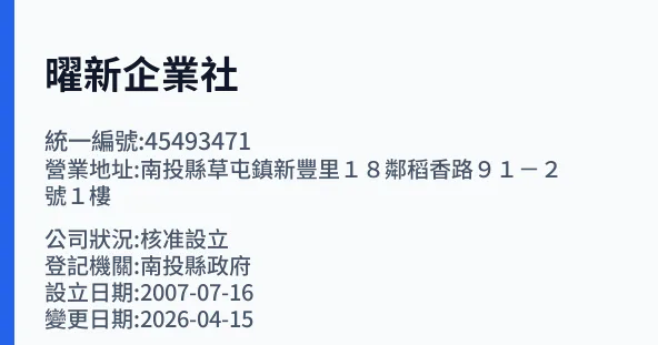 曜新企業社的照片-統編 45493471(南投縣) 公司登記資料與營業項目詳細圖表