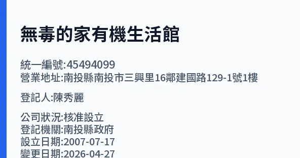 無毒的家有機生活館的照片-統編 45494099(南投縣) 公司登記資料與營業項目詳細圖表