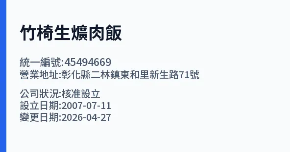 竹椅生爌肉飯的照片-統編 45494669(彰化縣) 公司登記資料與營業項目詳細圖表
