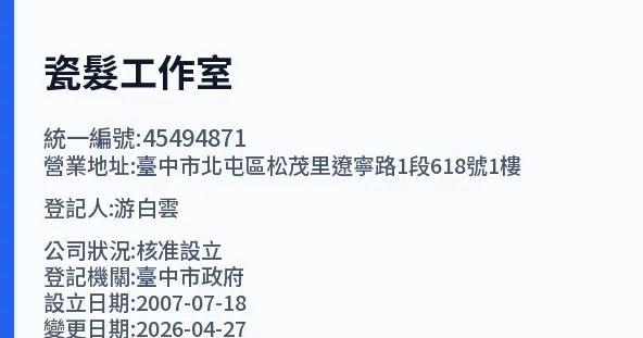 瓷髮工作室的照片-統編 45494871(臺中市) 公司登記資料與營業項目詳細圖表