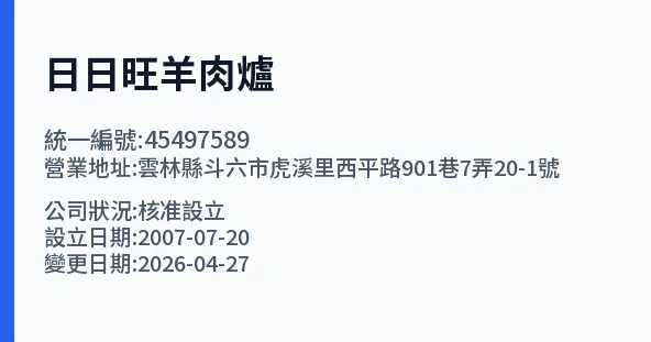 日日旺羊肉爐的照片-統編 45497589(雲林縣) 公司登記資料與營業項目詳細圖表