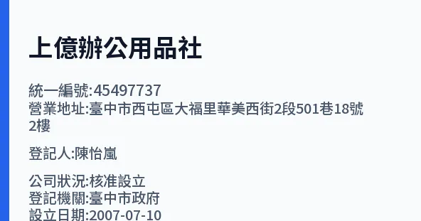 上億辦公用品社的照片-統編 45497737(臺中市) 公司登記資料與營業項目詳細圖表