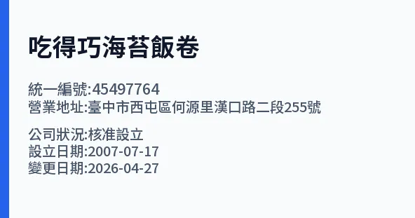 吃得巧海苔飯卷的照片-統編 45497764(臺中市) 公司登記資料與營業項目詳細圖表