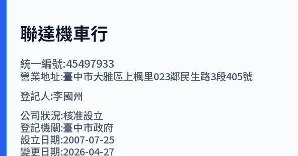 聯達機車行的照片-統編 45497933(臺中市) 公司登記資料與營業項目詳細圖表