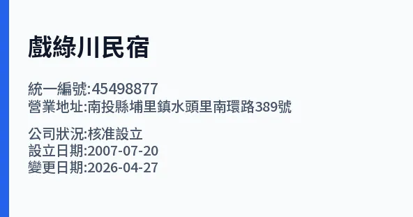 戲綠川民宿的照片-統編 45498877(南投縣) 公司登記資料與營業項目詳細圖表