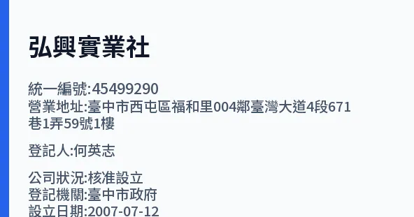 弘興實業社的照片-統編 45499290(臺中市) 公司登記資料與營業項目詳細圖表