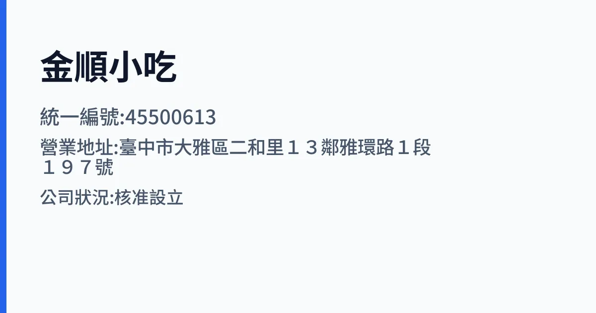 金順小吃 - 統編 45500613(臺中市) 公司登記資料與營業項目詳細圖表
