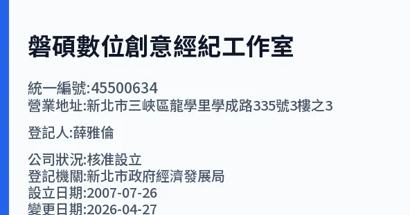 磐碩數位創意經紀工作室的照片-統編 45500634(新北市) 公司登記資料與營業項目詳細圖表