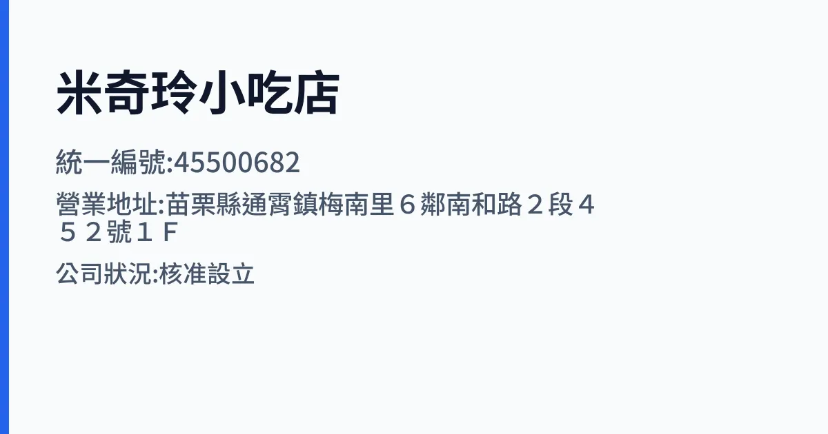 米奇玲小吃店 - 統編 45500682(苗栗縣) 公司登記資料與營業項目詳細圖表