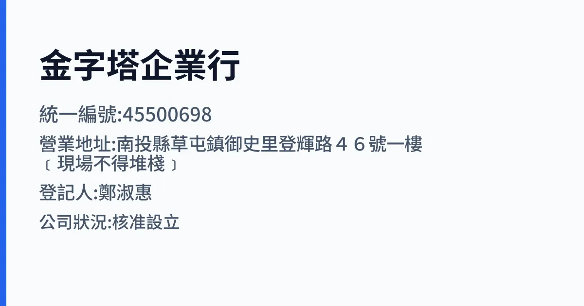 金字塔企業行 - 統編 45500698(南投縣) 公司登記資料與營業項目詳細圖表