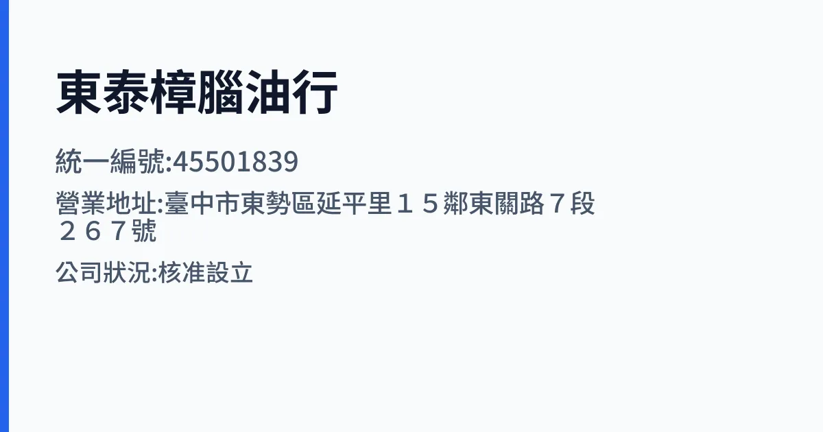 東泰樟腦油行 - 統編 45501839（臺中市） 公司登記資料與營業項目詳細圖表