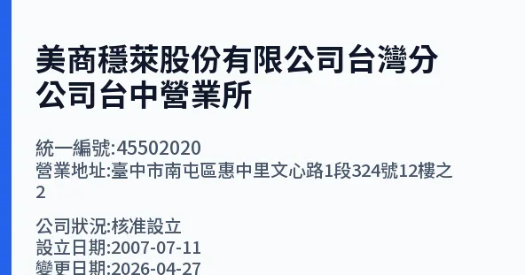 美商穩萊股份有限公司台灣分公司台中營業所的照片-統編 45502020(臺中市) 公司登記資料與營業項目詳細圖表