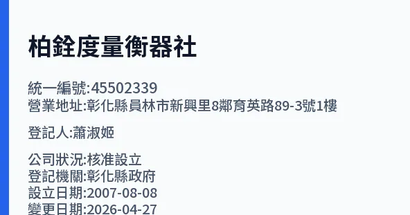 柏銓度量衡器社的照片-統編 45502339(彰化縣) 公司登記資料與營業項目詳細圖表