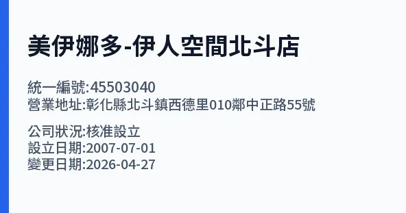 美伊娜多-伊人空間北斗店的照片-統編 45503040(彰化縣) 公司登記資料與營業項目詳細圖表