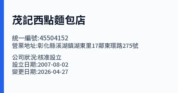 茂記西點麵包店的照片-統編 45504152(彰化縣) 公司登記資料與營業項目詳細圖表