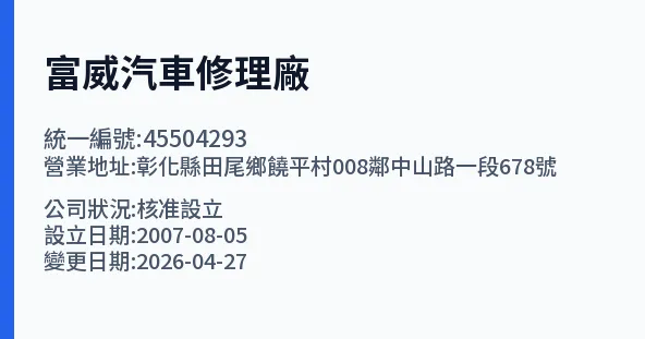 富威汽車修理廠的照片-統編 45504293(彰化縣) 公司登記資料與營業項目詳細圖表