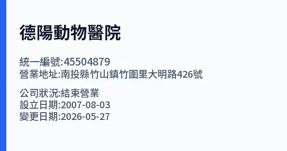 德陽動物醫院的照片-統編 45504879(南投縣) 公司登記資料與營業項目詳細圖表