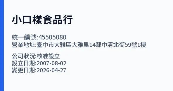 小口樣食品行的照片-統編 45505080(臺中市) 公司登記資料與營業項目詳細圖表