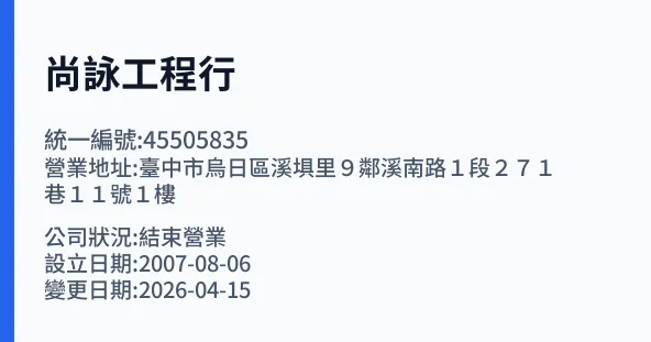 尚詠工程行的照片-統編 45505835(臺中市) 公司登記資料與營業項目詳細圖表
