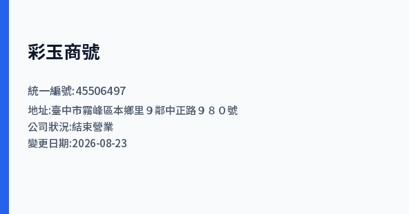 彩玉商號的照片-統編 45506497(臺中市) 公司登記資料與營業項目詳細圖表
