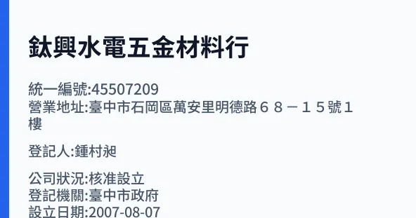 鈦興水電五金材料行的照片-統編 45507209(臺中市) 公司登記資料與營業項目詳細圖表