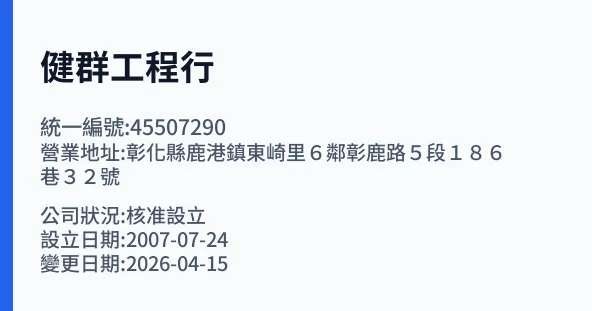 健群工程行的照片-統編 45507290(彰化縣) 公司登記資料與營業項目詳細圖表