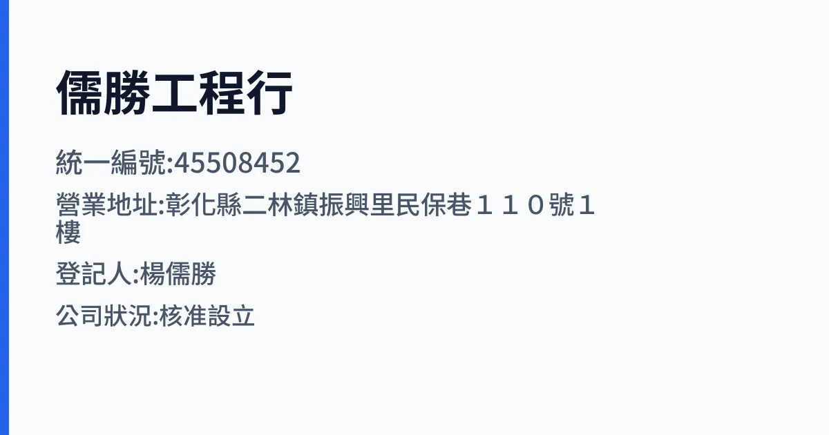 儒勝工程行 - 統編 45508452(彰化縣) 公司登記資料與營業項目詳細圖表