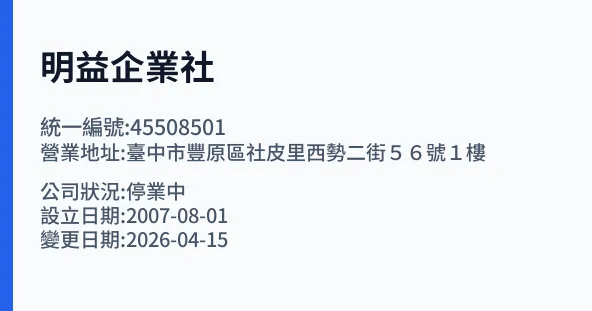 明益企業社的照片-統編 45508501(臺中市) 公司登記資料與營業項目詳細圖表