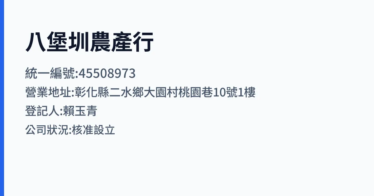 八堡圳農產行 - 統編 45508973(彰化縣) 公司登記資料與營業項目詳細圖表