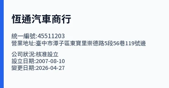 恆通汽車商行的照片-統編 45511203(臺中市) 公司登記資料與營業項目詳細圖表