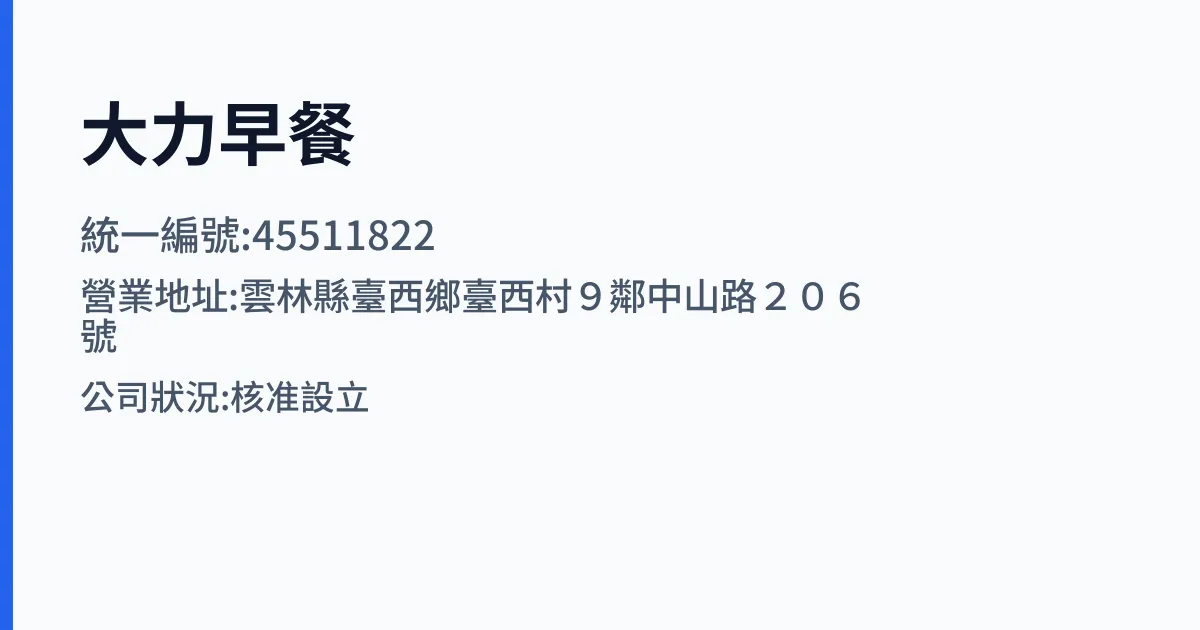 大力早餐 - 統編 45511822(雲林縣) 公司登記資料與營業項目詳細圖表