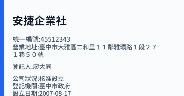安捷企業社的照片-統編 45512343(臺中市) 公司登記資料與營業項目詳細圖表