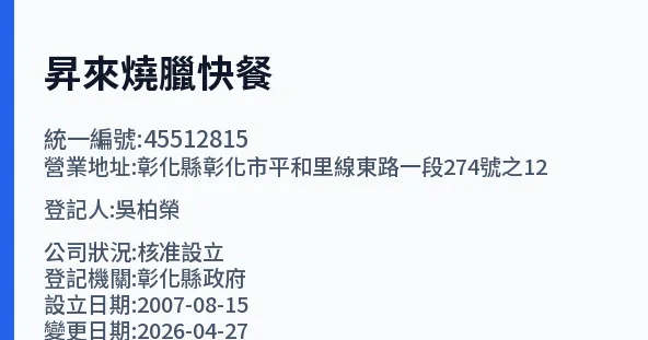昇來燒臘快餐的照片-統編 45512815(彰化縣) 公司登記資料與營業項目詳細圖表