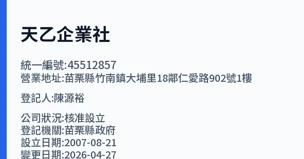 天乙企業社的照片-統編 45512857(苗栗縣) 公司登記資料與營業項目詳細圖表