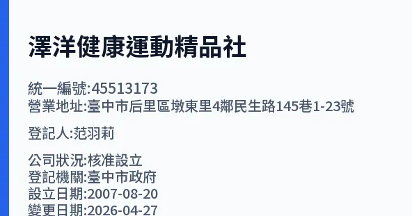 澤洋健康運動精品社的照片-統編 45513173(臺中市) 公司登記資料與營業項目詳細圖表