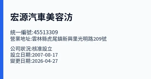 宏源汽車美容汸的照片-統編 45513309(雲林縣) 公司登記資料與營業項目詳細圖表