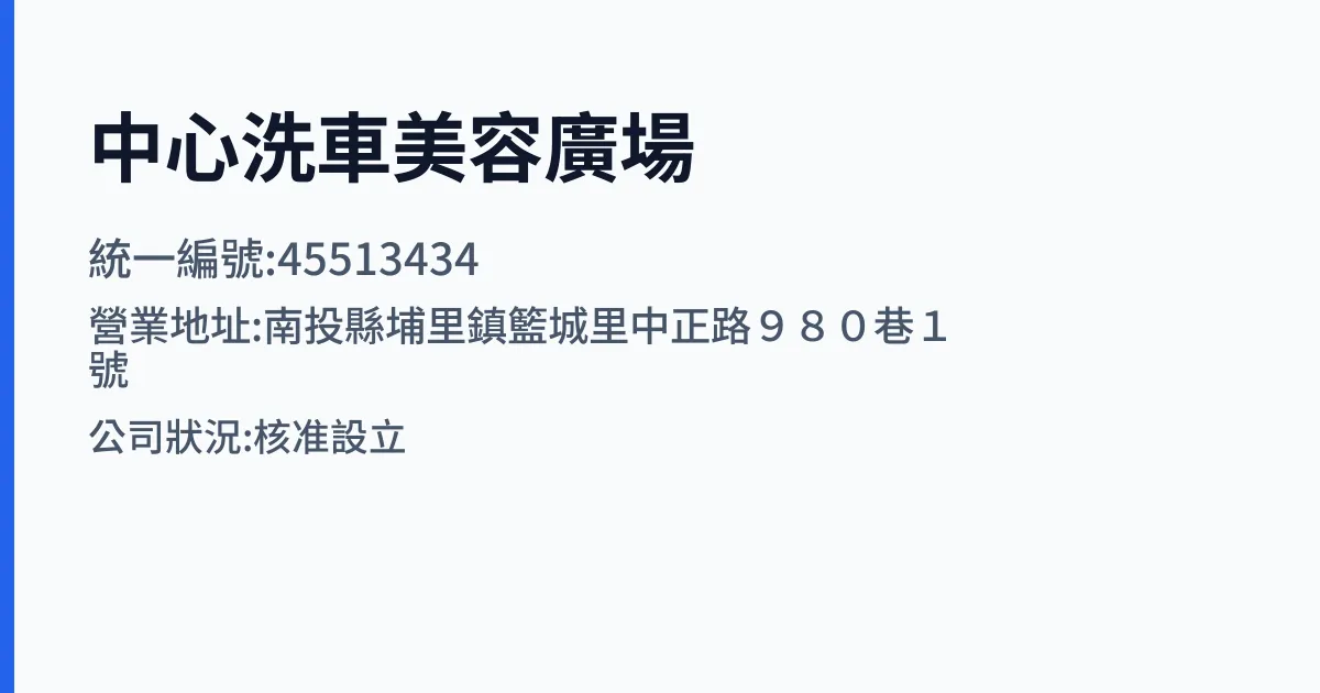 中心洗車美容廣場 - 統編 45513434(南投縣) 公司登記資料與營業項目詳細圖表