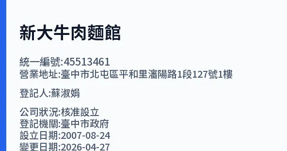新大牛肉麵館的照片-統編 45513461(臺中市) 公司登記資料與營業項目詳細圖表