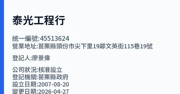 泰光工程行的照片-統編 45513624(苗栗縣) 公司登記資料與營業項目詳細圖表