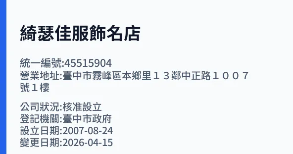 綺瑟佳服飾名店的照片-統編 45515904(臺中市) 公司登記資料與營業項目詳細圖表
