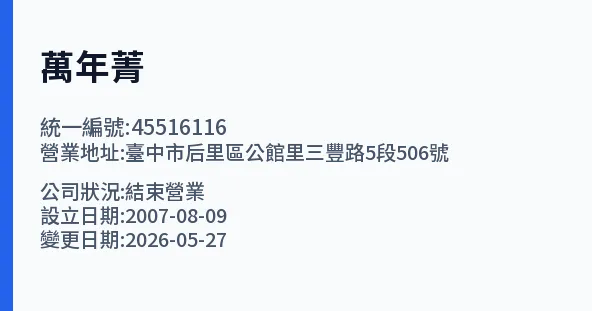 萬年菁的照片-統編 45516116(臺中市) 公司登記資料與營業項目詳細圖表