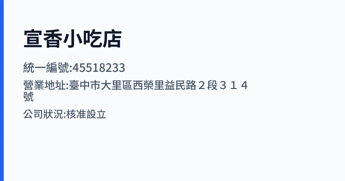 宣香小吃店 - 統編 45518233(臺中市) 公司登記資料與營業項目詳細圖表