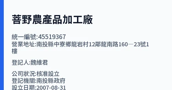 菩野農產品加工廠的照片-統編 45519367(南投縣) 公司登記資料與營業項目詳細圖表